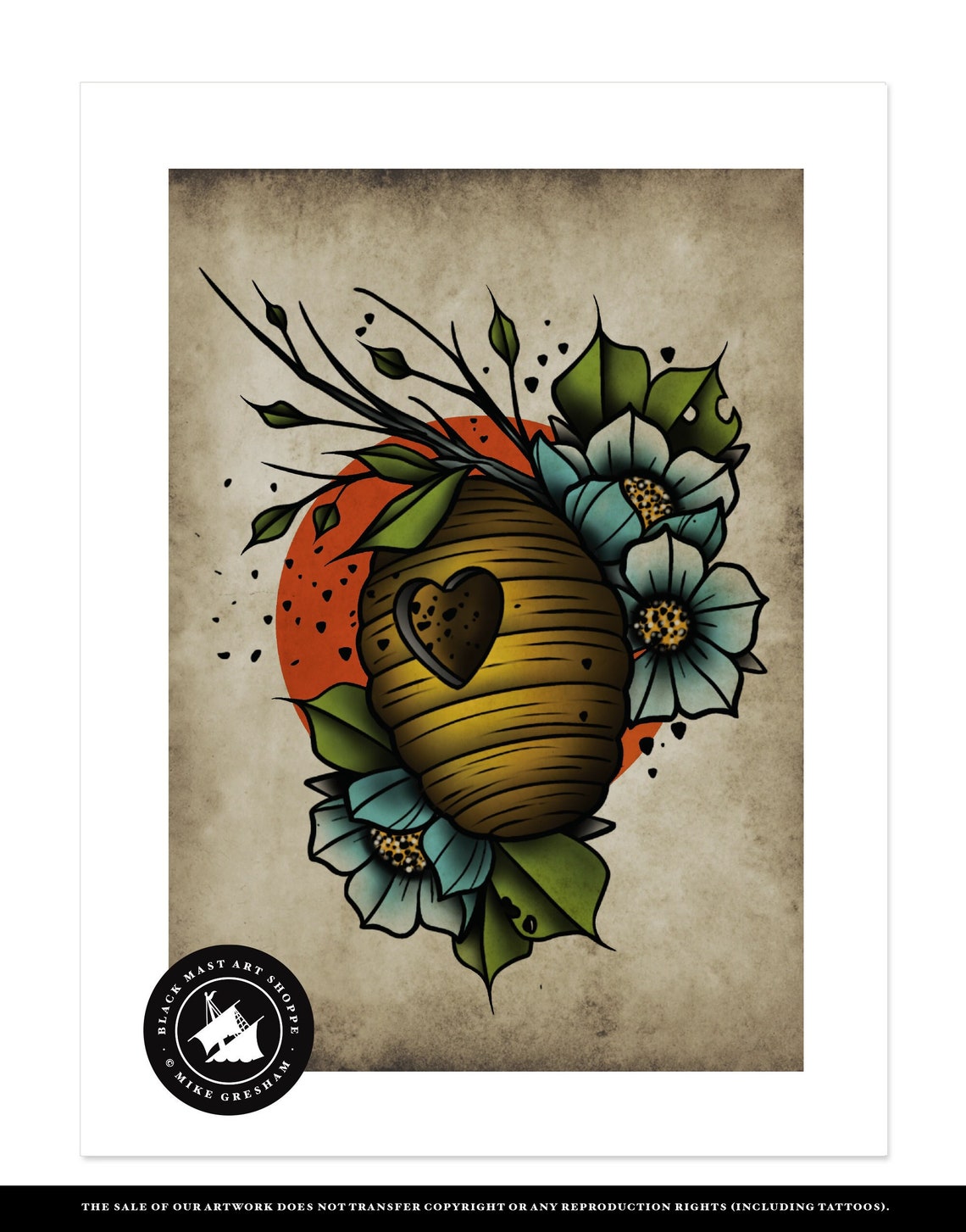 Bzzzz, Bee Hive, Flowers, Neo-traditional Tattoo Flash, Old School, Art ...