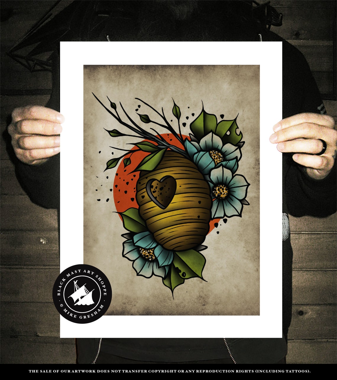 Bzzzz, Bee Hive, Flowers, Neo-traditional Tattoo Flash, Old School, Art ...