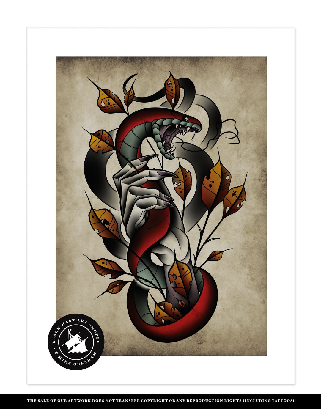 Snake Bite, Neo-traditional Tattoo Flash, Old School, Art Print 12x16 ...