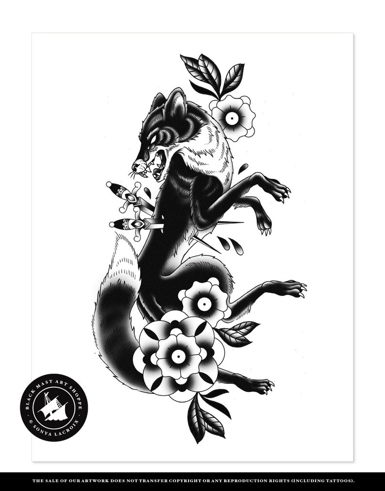Fox & Daggers Traditional Tattoo Flash Black and White - Etsy