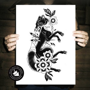 Fox & Daggers Traditional Tattoo Flash Black and White - Etsy Canada