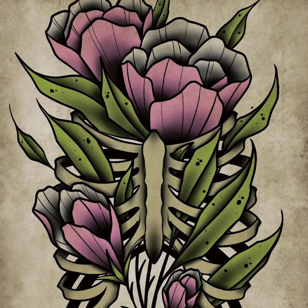 Ribs, Roses, Ribcage, Flowers, Neo-traditional Tattoo Flash, Old School ...