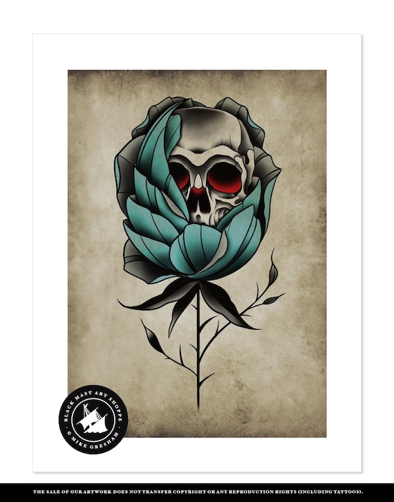 Traditional Skull And Rose Tattoo