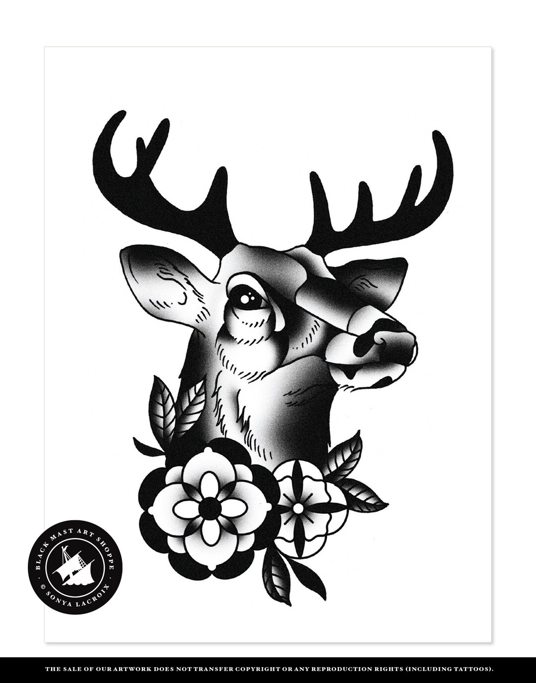 Deer Portrait Traditional Tattoo Flash Blackwork Black and - Etsy