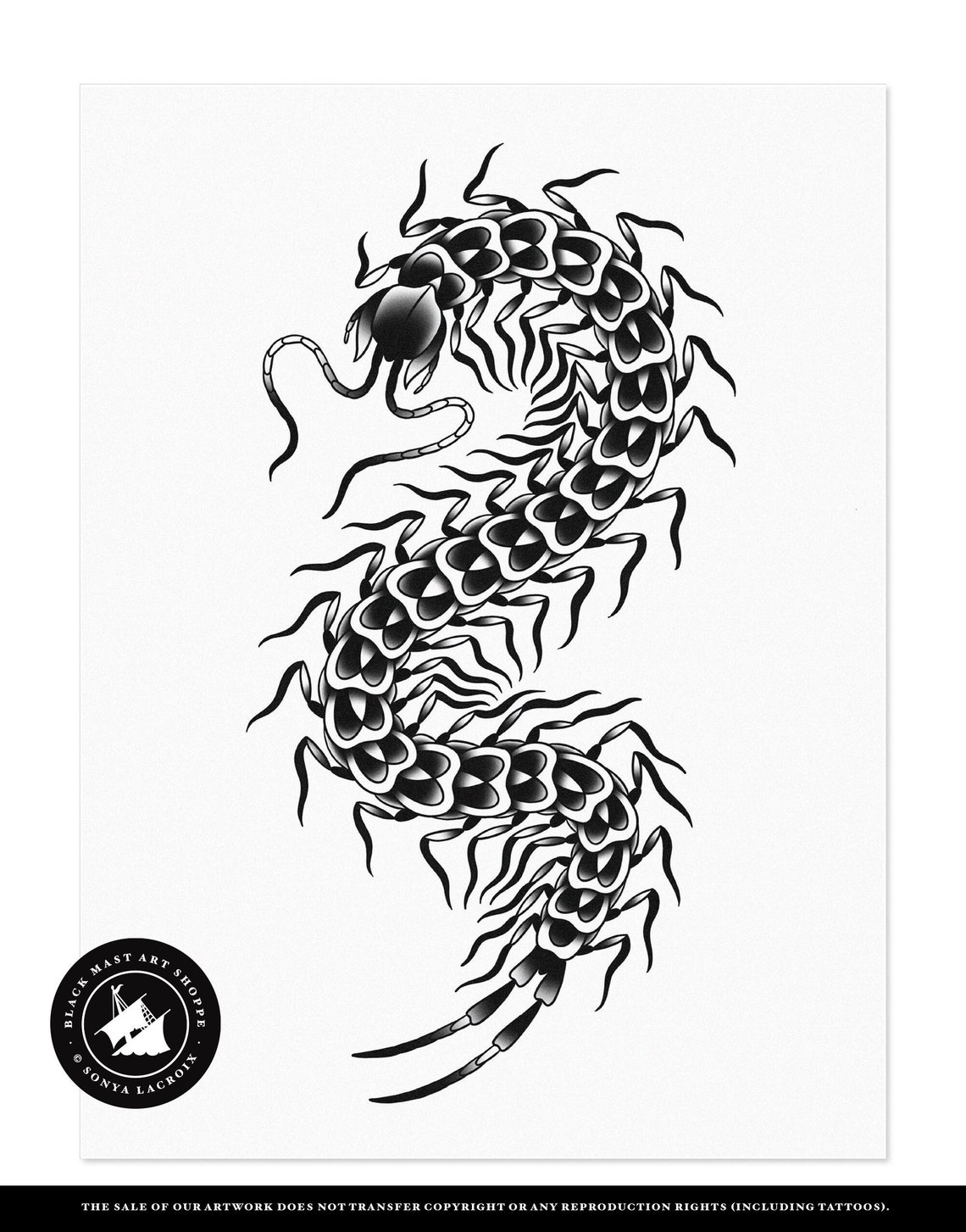 Centipede Traditional Tattoo Flash Black and White Old - Etsy