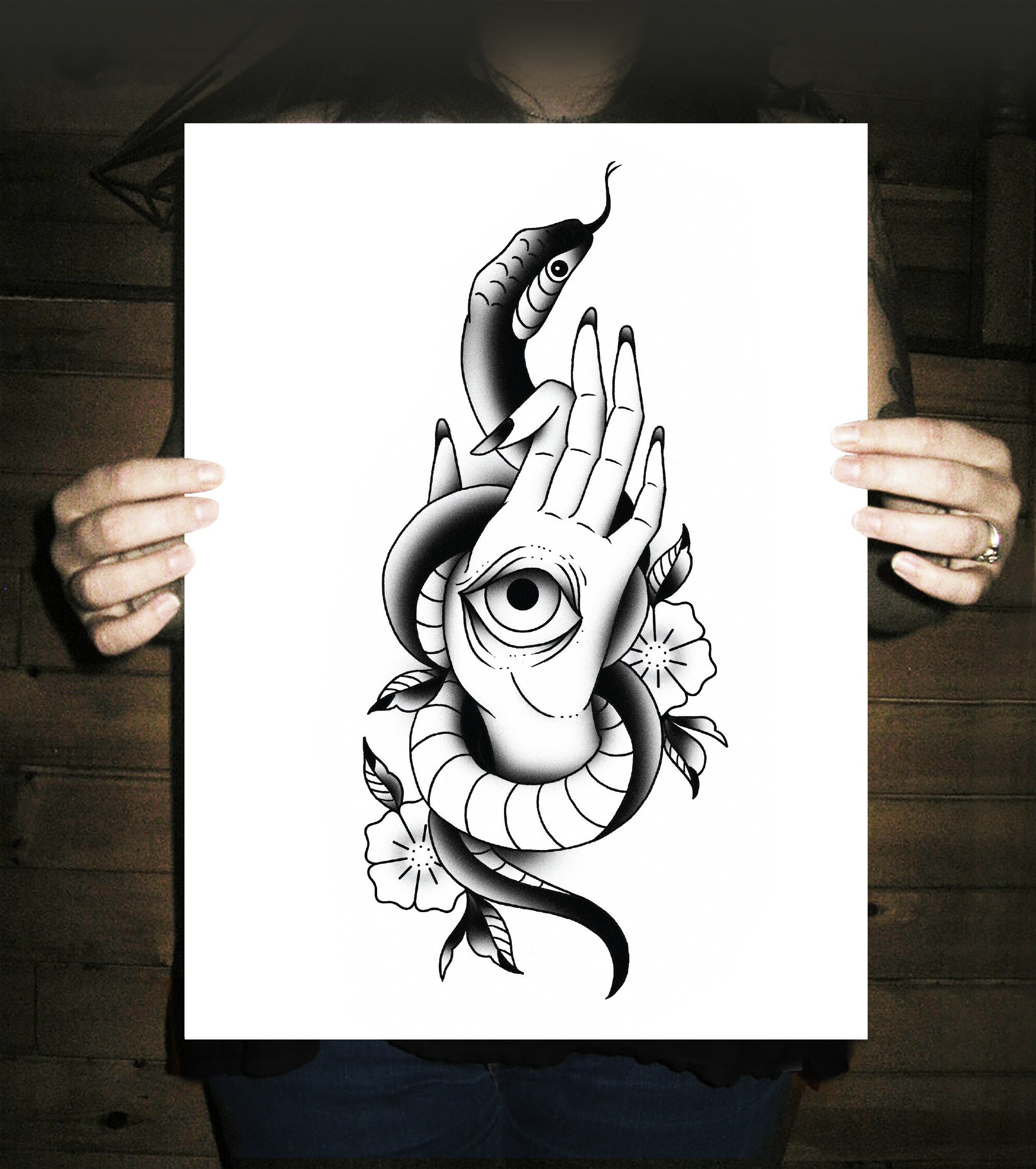 Snake Eye Hand Traditional Tattoo Flash Black and White | Etsy Canada