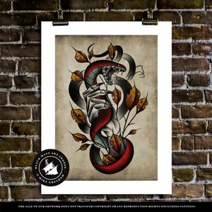 Snake Bite, Neo-traditional Tattoo Flash, Old School, Art Print 12x16 ...