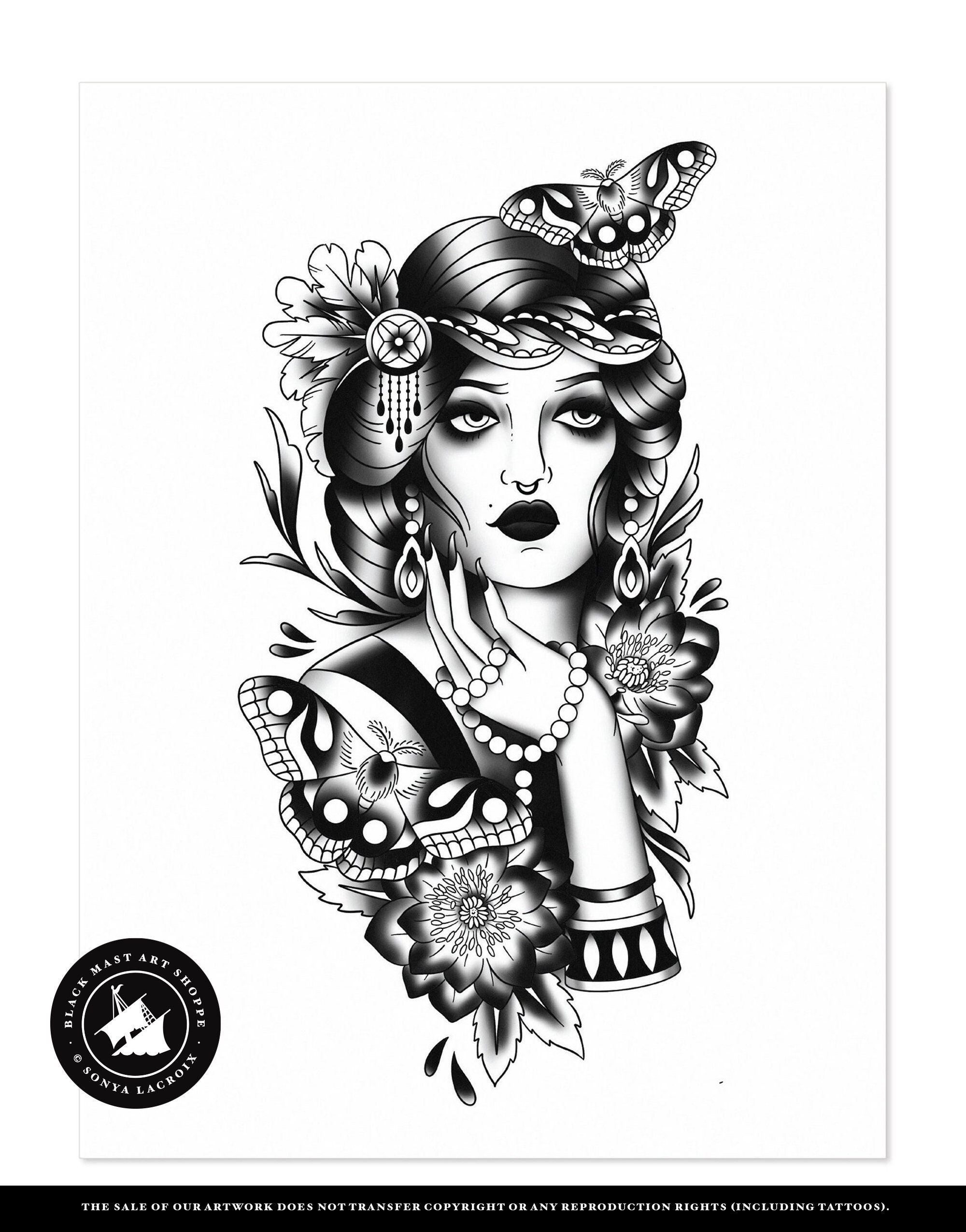 Girl Face Tattoo Flash