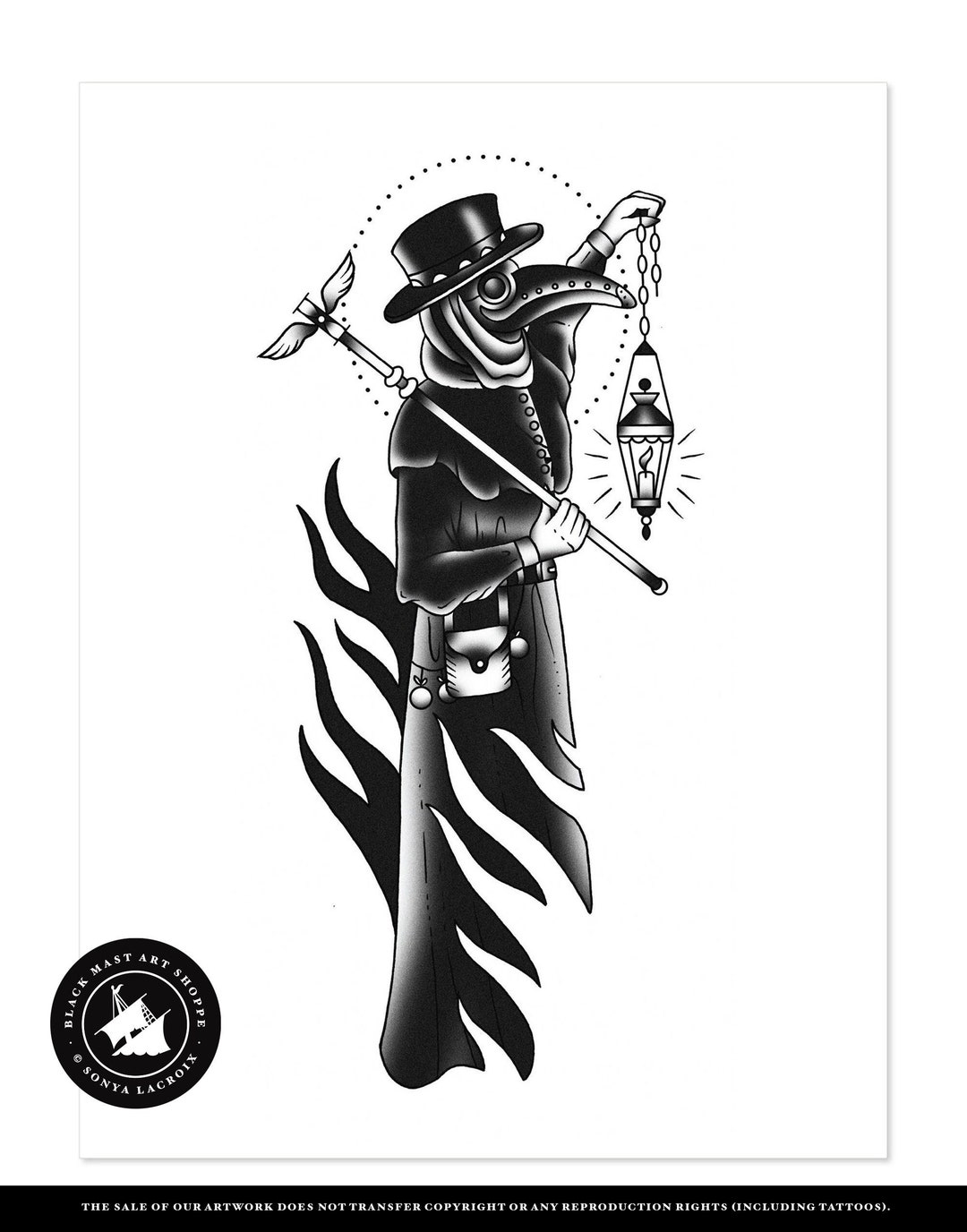 Plague Doctor, Black and White, Traditional Tattoo Flash, Old School ...