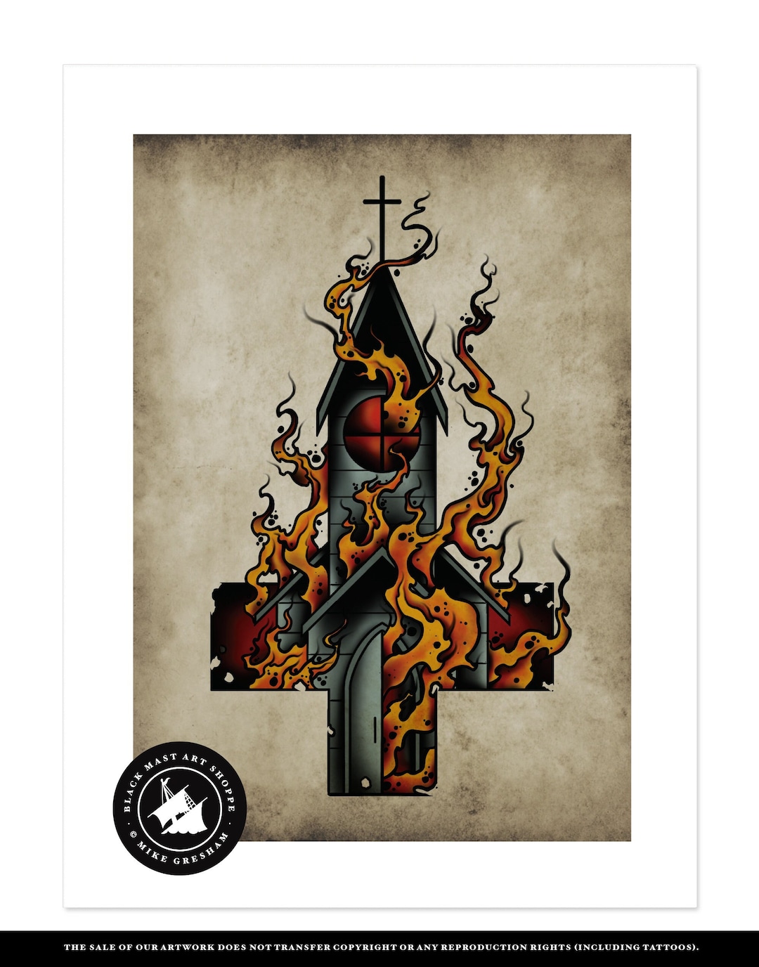 Here is the Steeple, Burning Church, Cross, Neo-traditional Tattoo, Old ...