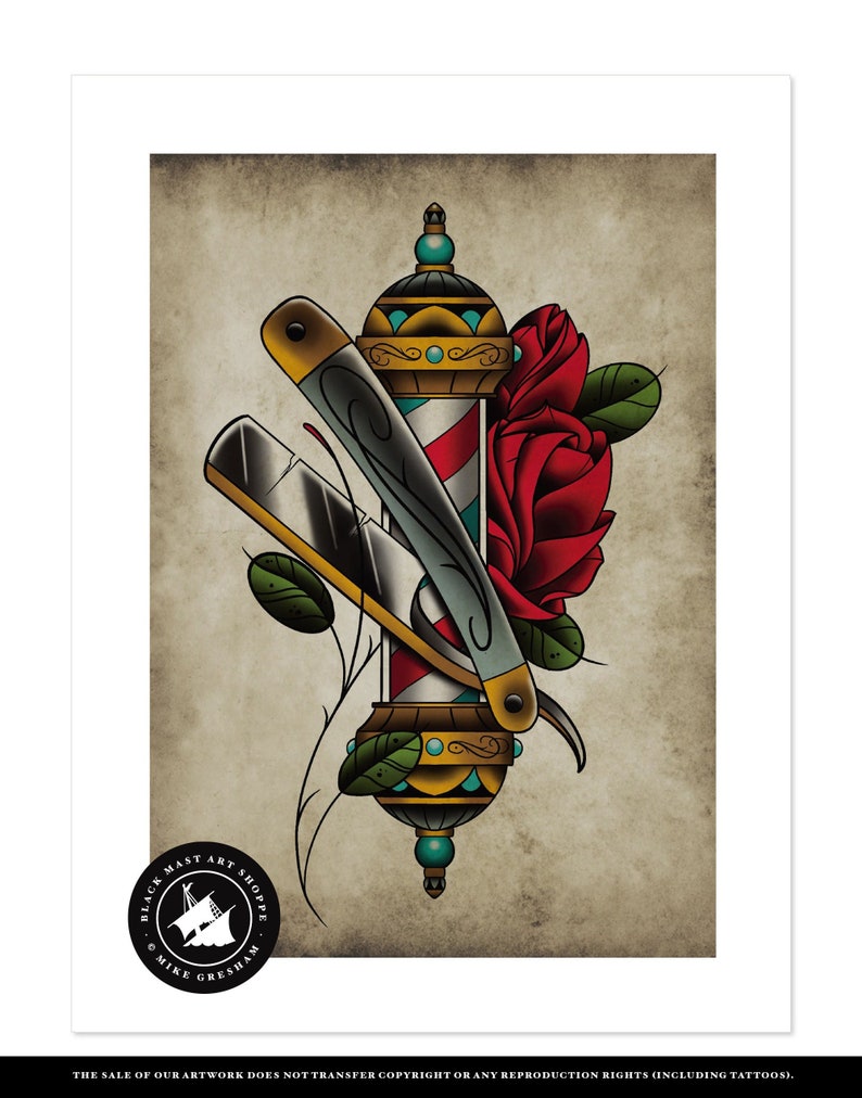 Shave and a Haircut, Barber Poll, Neo-traditional Tattoo Flash, Old ...