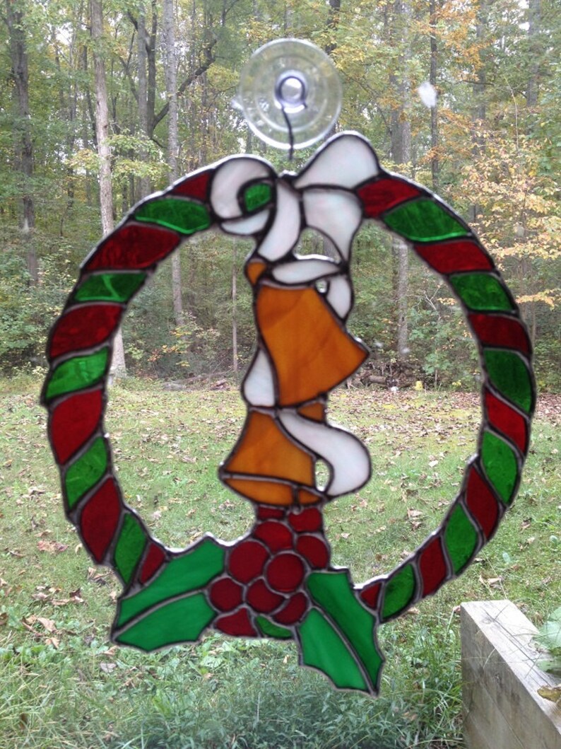 Stained Glass Christmas Holly And Bells Wreath Etsy