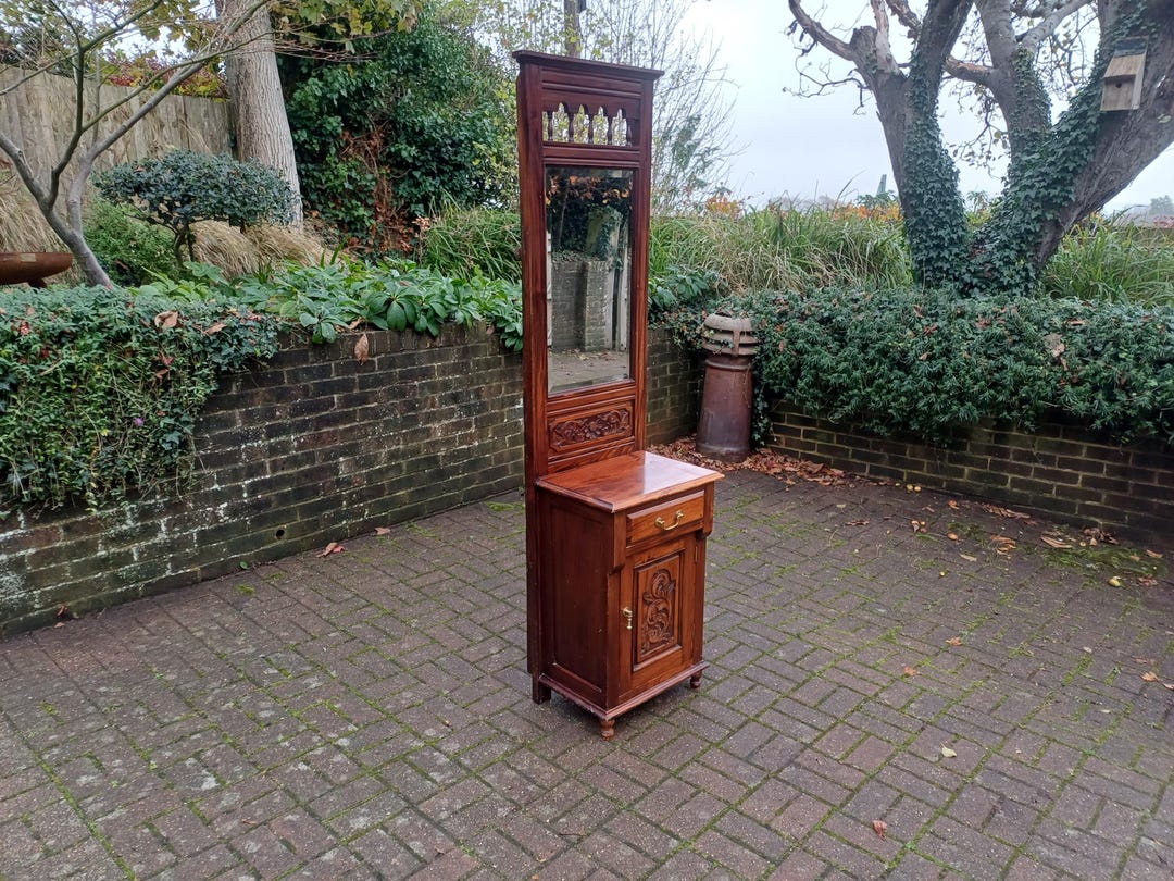 Vintage 1980s Teak Hall Stand With Mirror Drawer and Cupboard Entryway ...