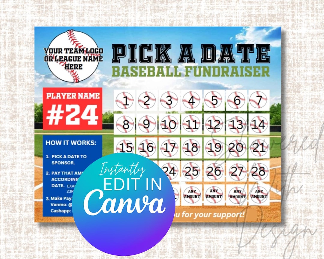 Pick a Date to Donate- Baseball Fundraiser, Cash Calendar, With FREE ...