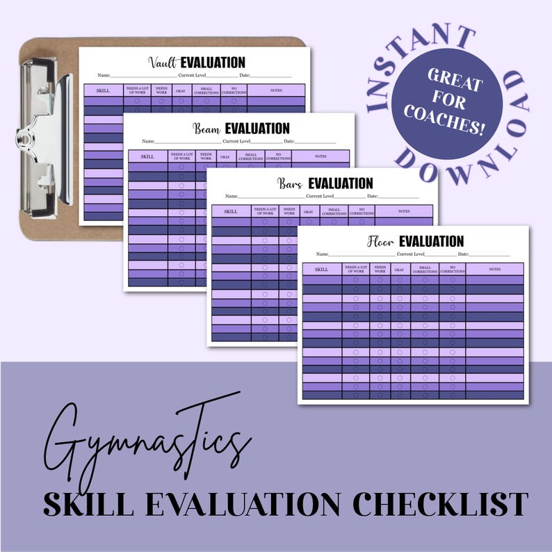 Gymnastics Evaluation Checklist Pack, Skill Evaluation, Gymnastics Evaluation Sheet, Evaluation ...