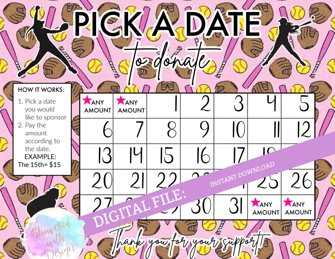 Pick a Date to Donate - Softball, Cash Calendar, 31 Day Baseball ...