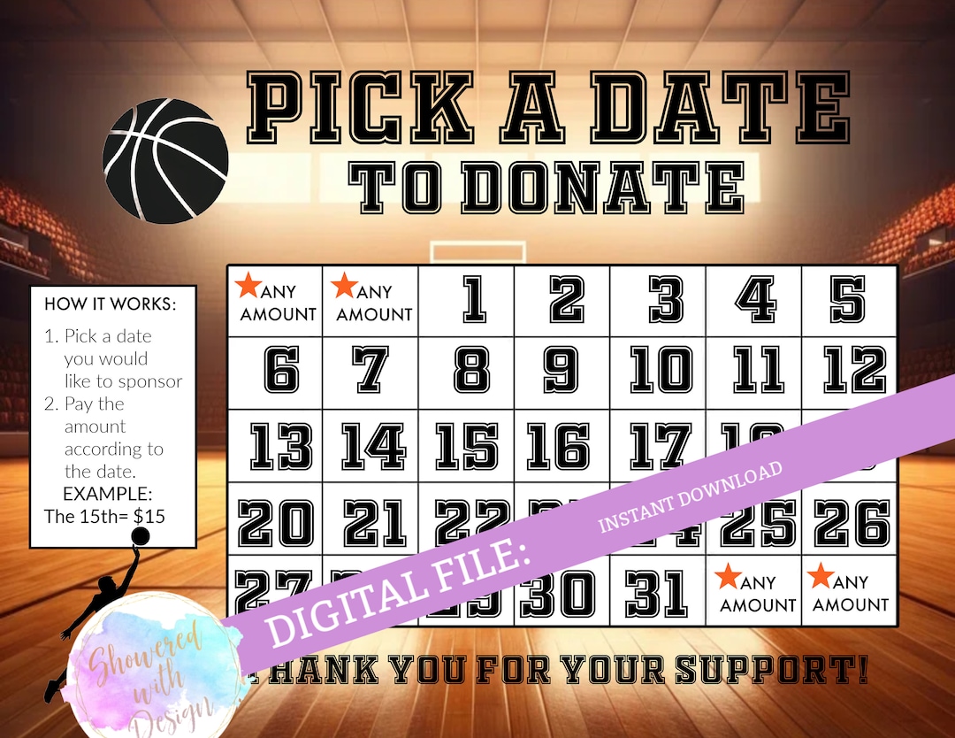 Pick a Date to Donate - Basketball, Cash Calendar, 31 Day Basketball ...