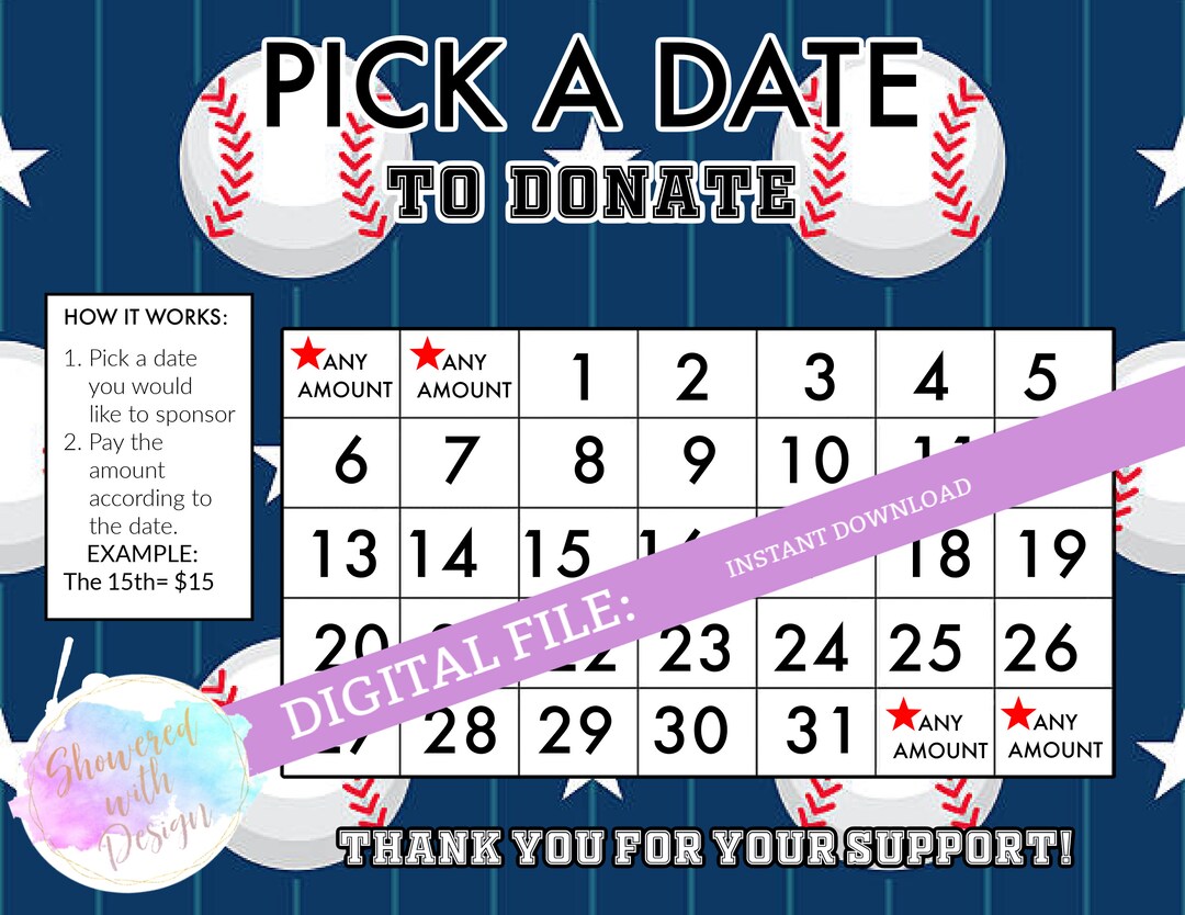 Pick a Date to Donate - Baseball, Cash Calendar, 31 Day ...
