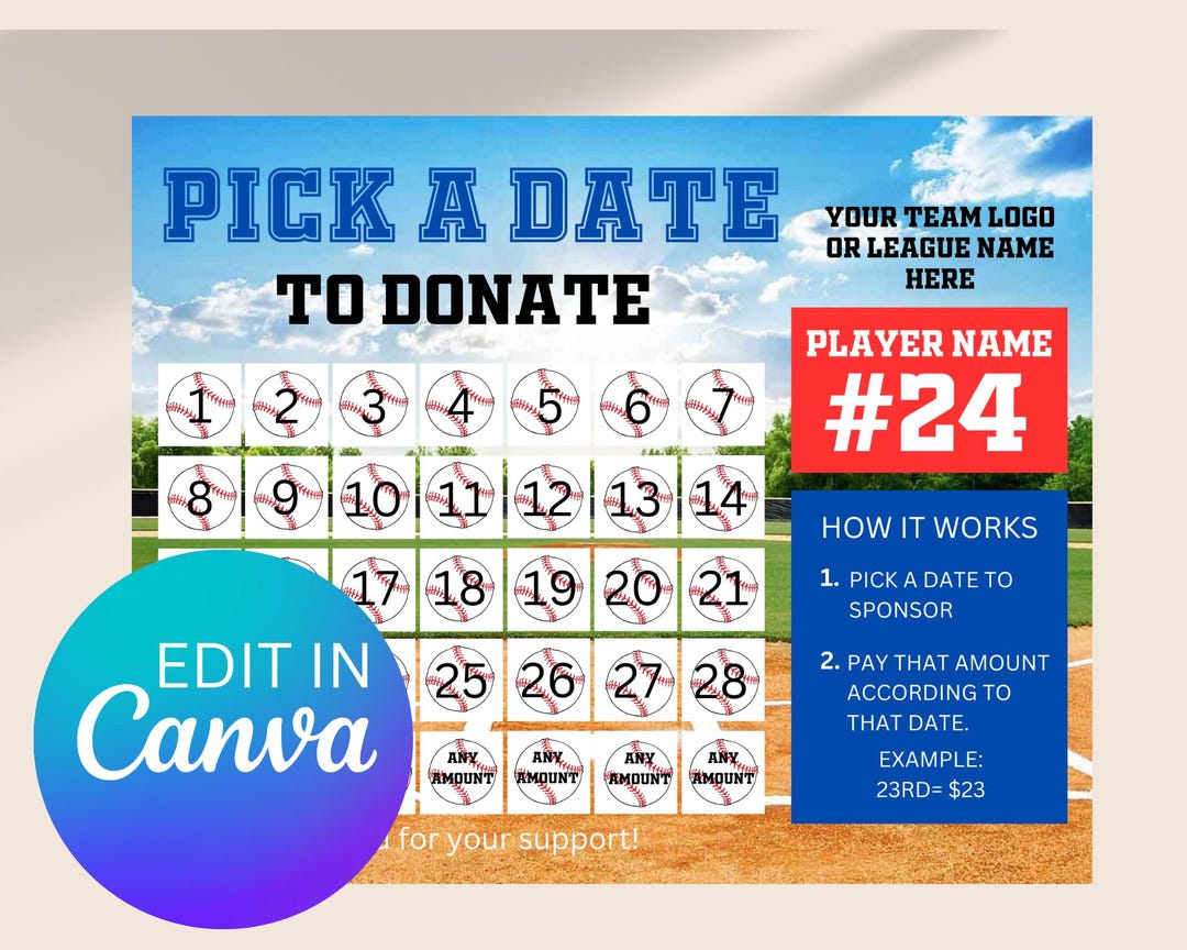 Pick a Date to Donate- Baseball Fundraiser, Cash Calendar, With FREE ...