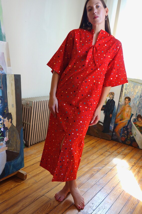 1970s house dress red white striped with appliqued tu… - Gem