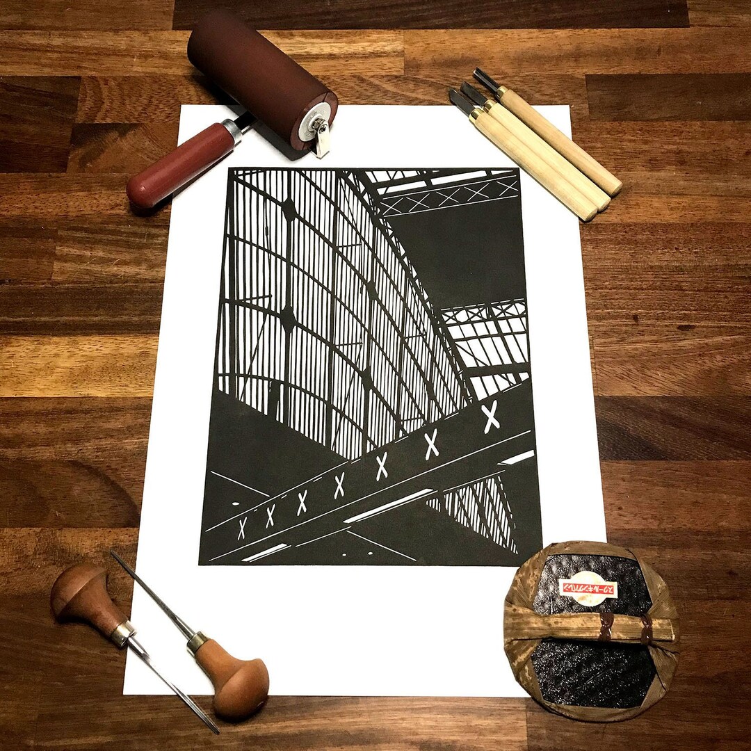 Linocut Print of Glasgow Queen Street Train Station. Original Limited ...