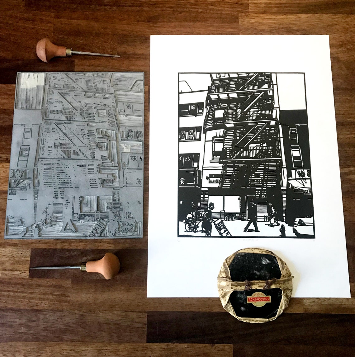 Chinatown, NY Linocut Print. Lino Relief Print of New York Streets ...