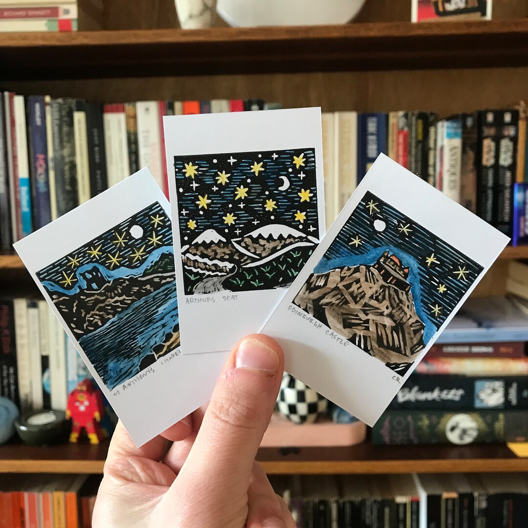 Mini Hand Painted Lino Cut Prints Edinburgh Landscape Arthurs Seat ...