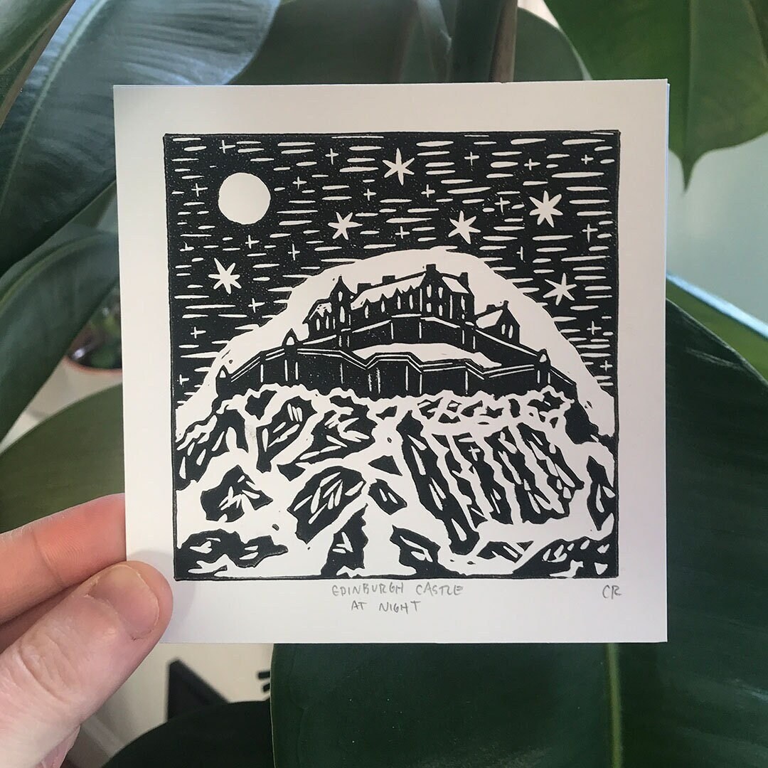 Linocut Print Mini Edinburgh Castle Scottish Landscape, Snow and Stars ...