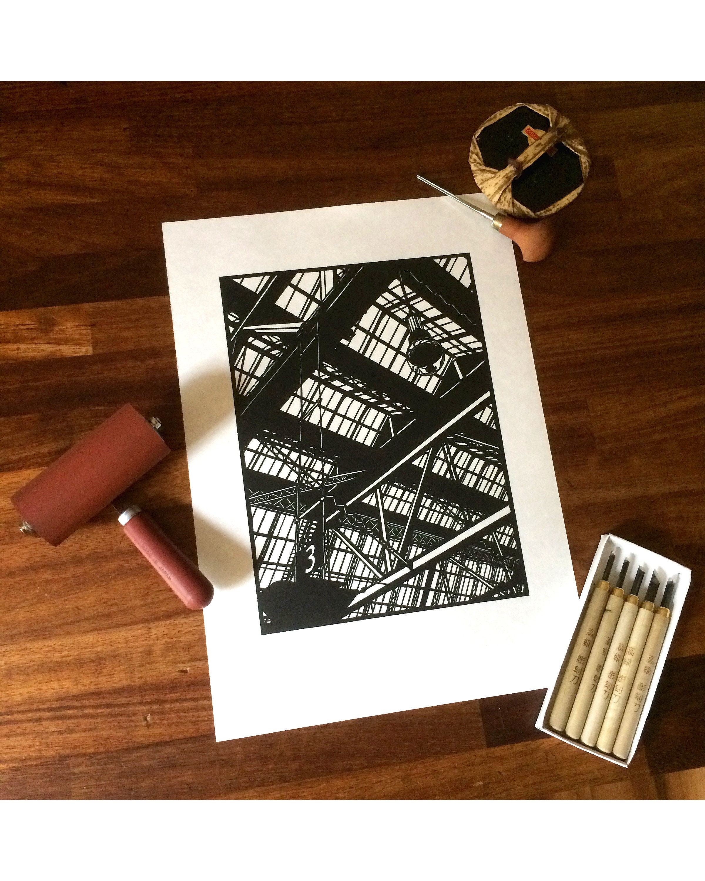 Linocut Print 'waverley 1'. Lino Artists Print of Edinburgh Waverley ...