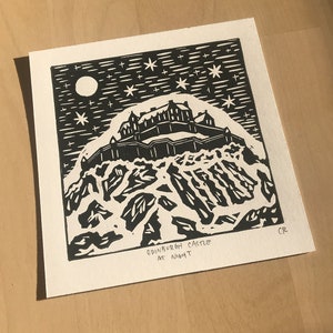 Linocut Print Mini Edinburgh Castle in Winter, Snow and Stars at Night ...