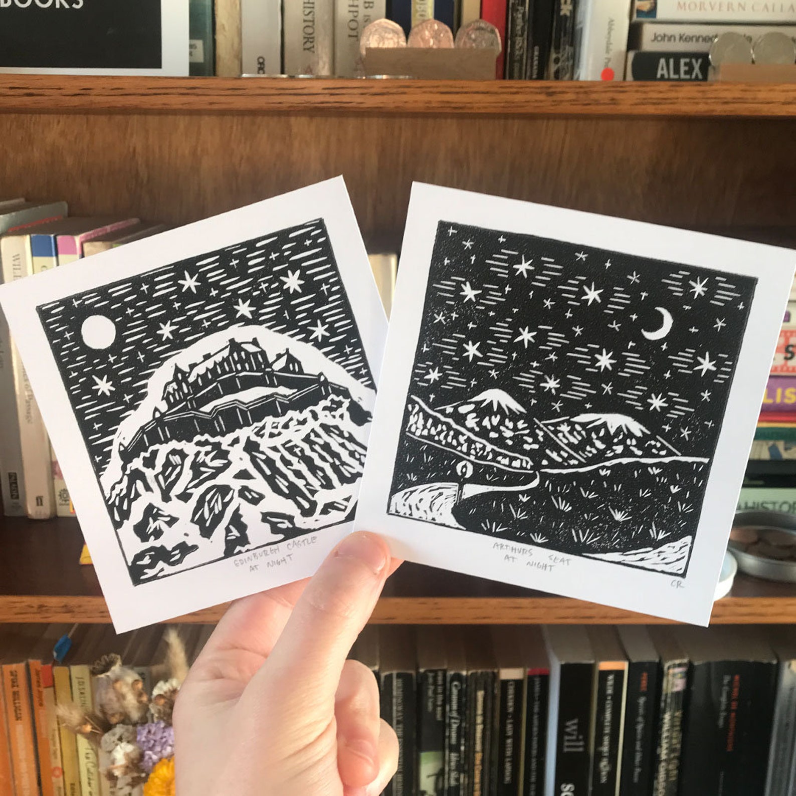 Linocut Print Mini Edinburgh Castle Scottish Landscape, Snow and Stars ...