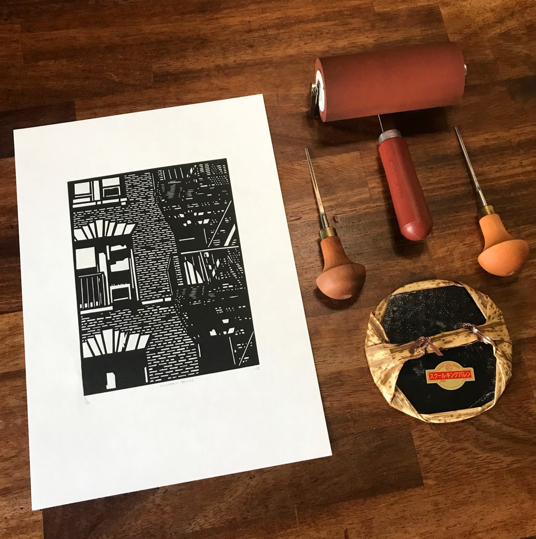 Limited Edition Linocut Print New York Titled 'chinatown Bricks ...