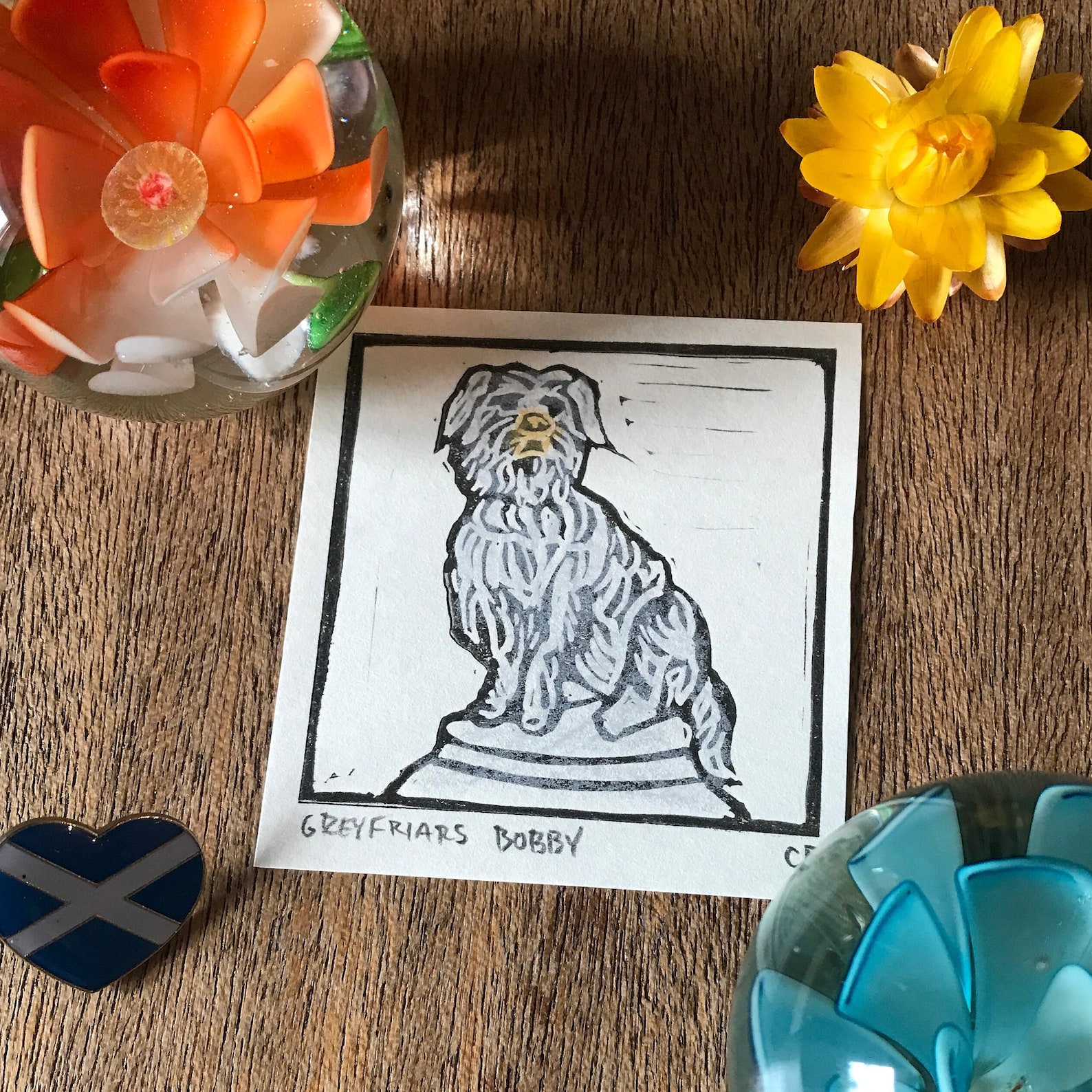 Mini Linocut Print Artwork Greyfriar's Bobby, Edinburgh Landmark. Lino ...
