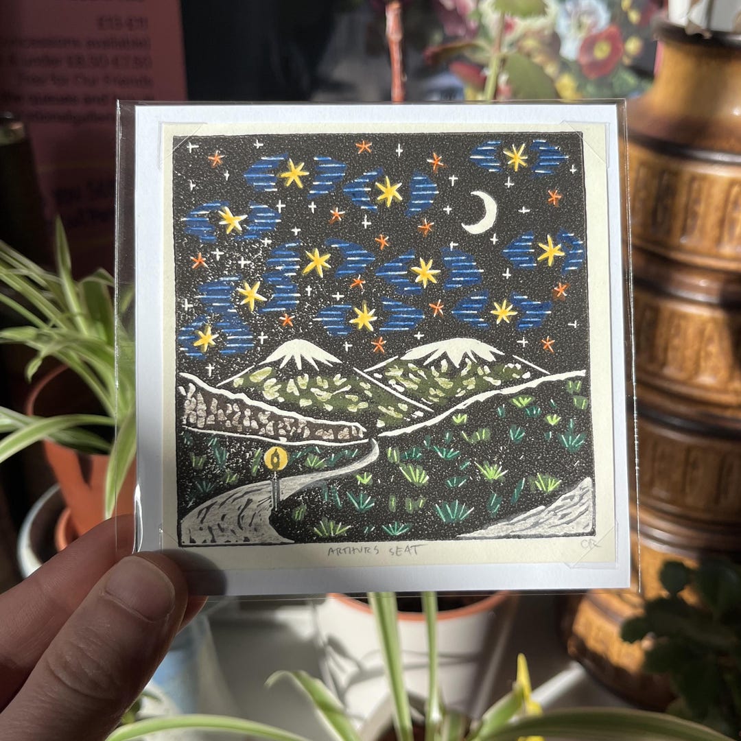 Arthur's Seat Scottish Landscape Stars at Night Linocut Mini Print ...