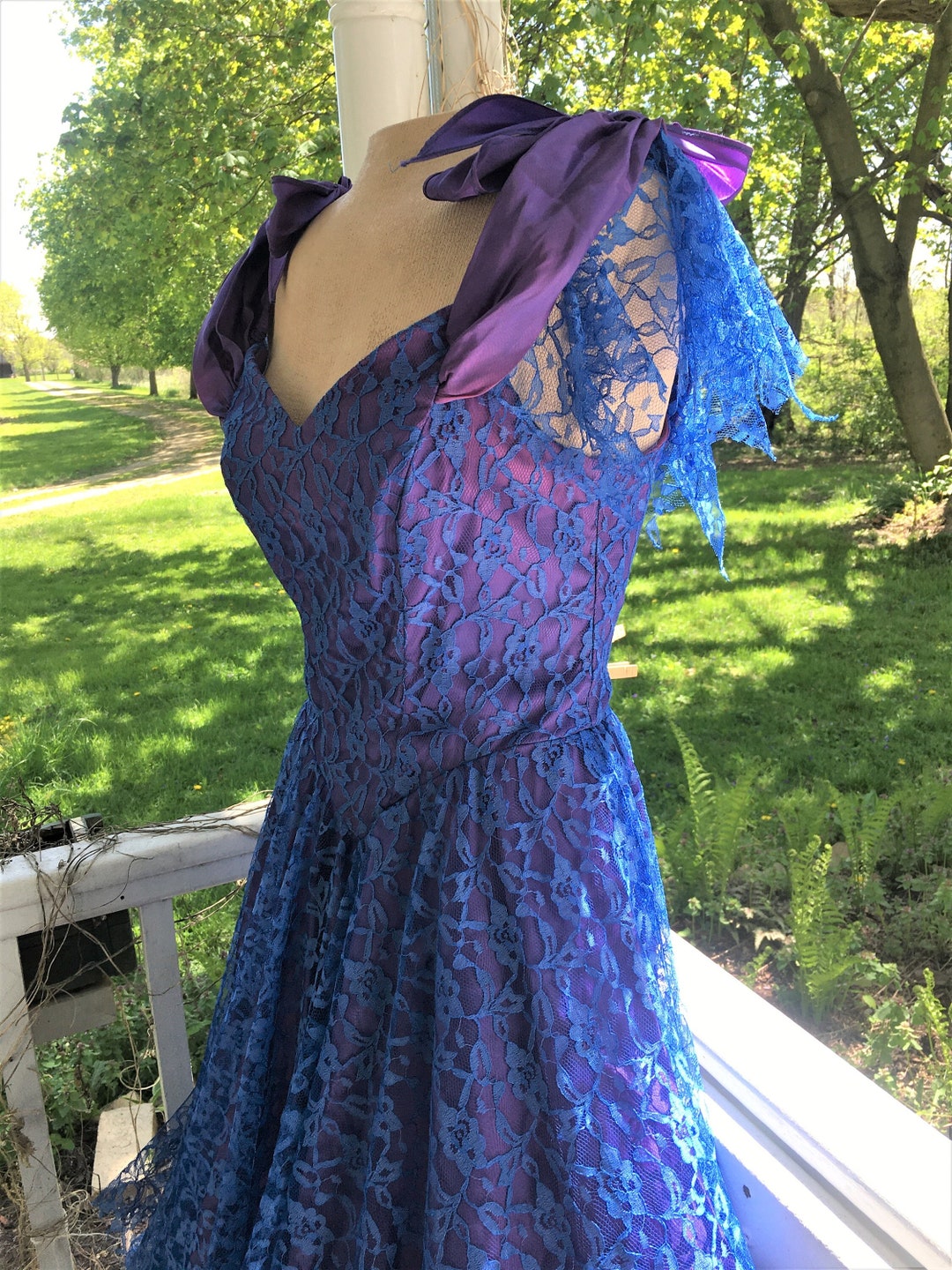 Vintage 60's Royal Blue/ Lilac Prom Dress. Lace Formal. Tea Length ...
