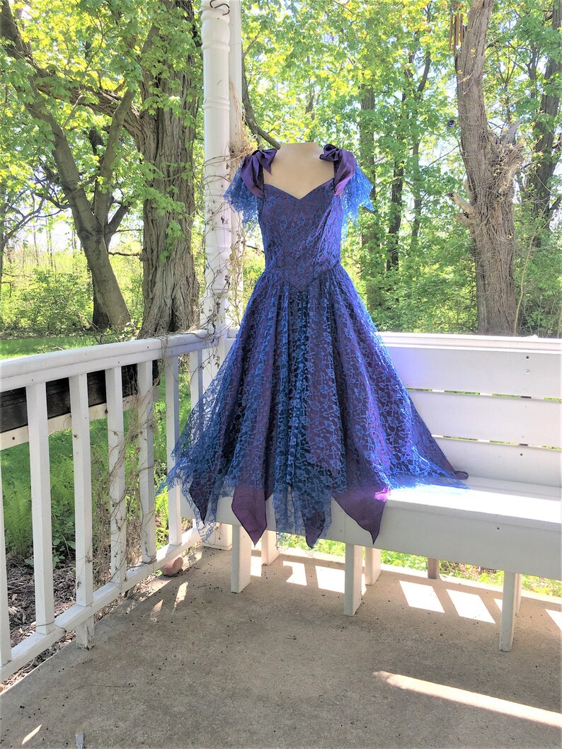 Vintage 60's Royal Blue/ Lilac Prom Dress. Lace Formal. Tea Length ...