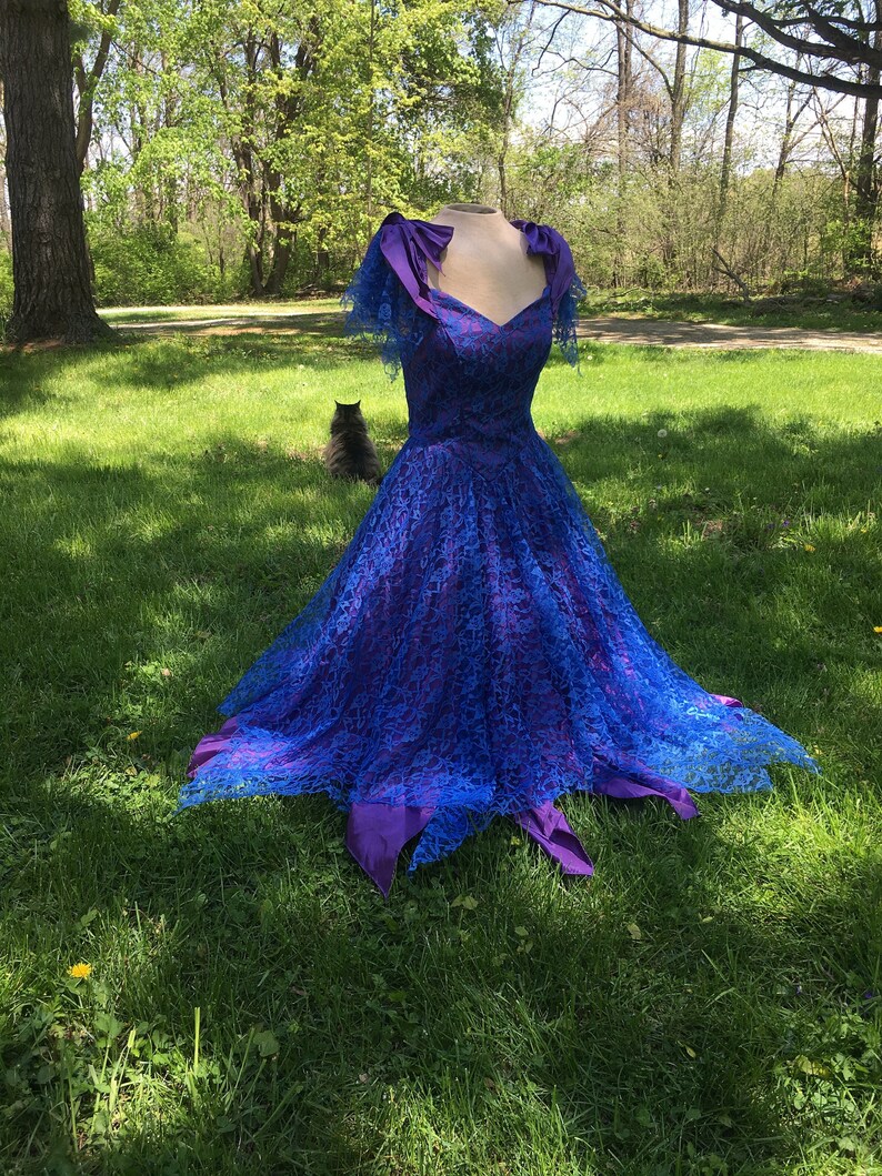Vintage 60's Royal Blue/ Lilac Prom Dress. Lace Formal. Tea Length ...