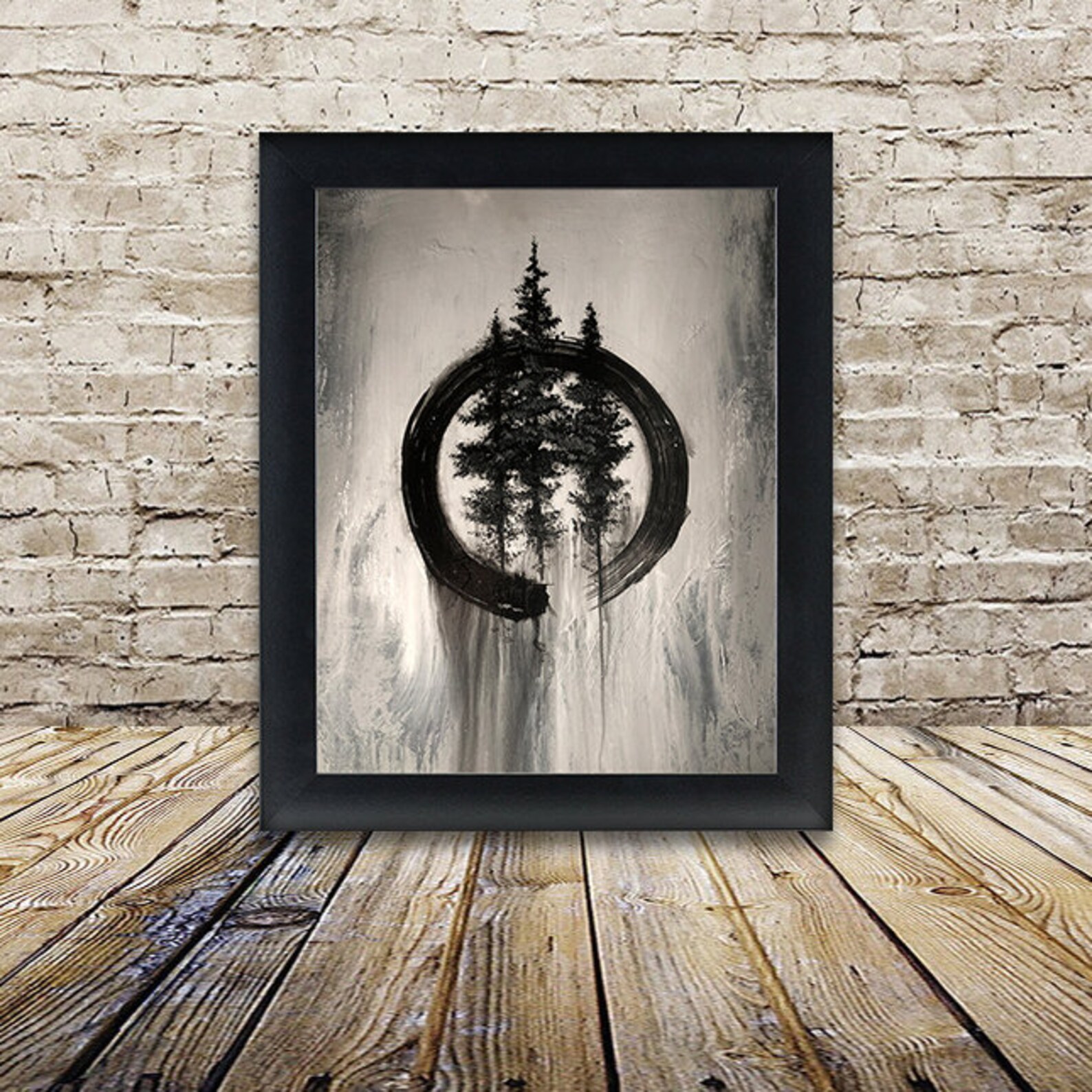 Zen Circle and Pine Trees Art Print - Enso Circle - Zen Brush Painting ...