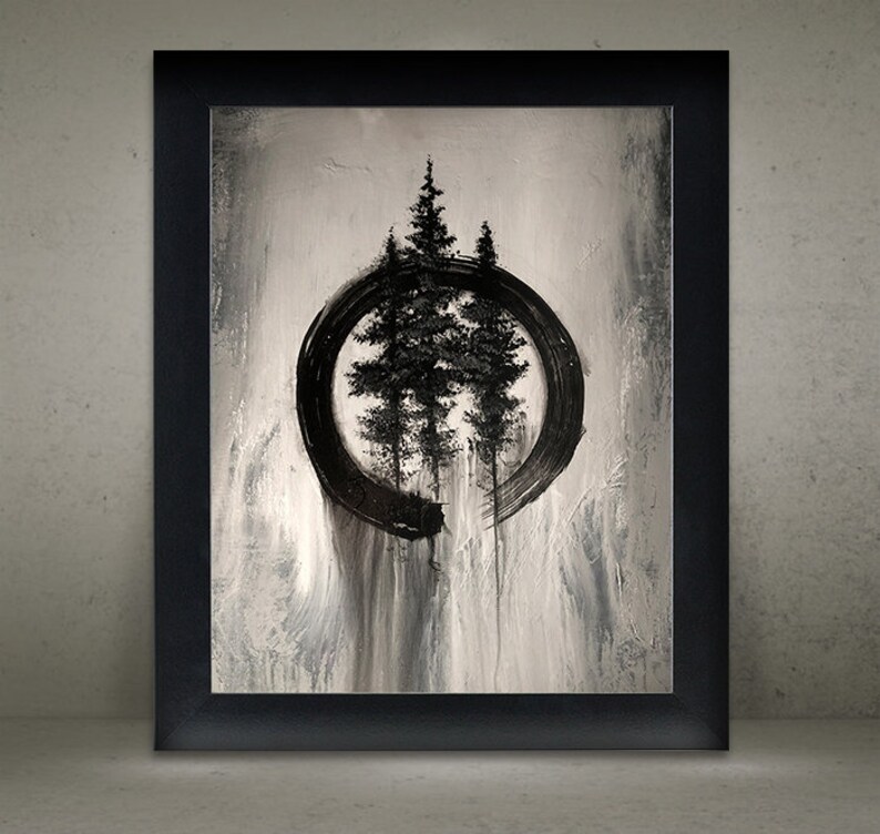 Zen Circle and Pine Trees Art Print - Enso Circle - Zen Brush Painting ...