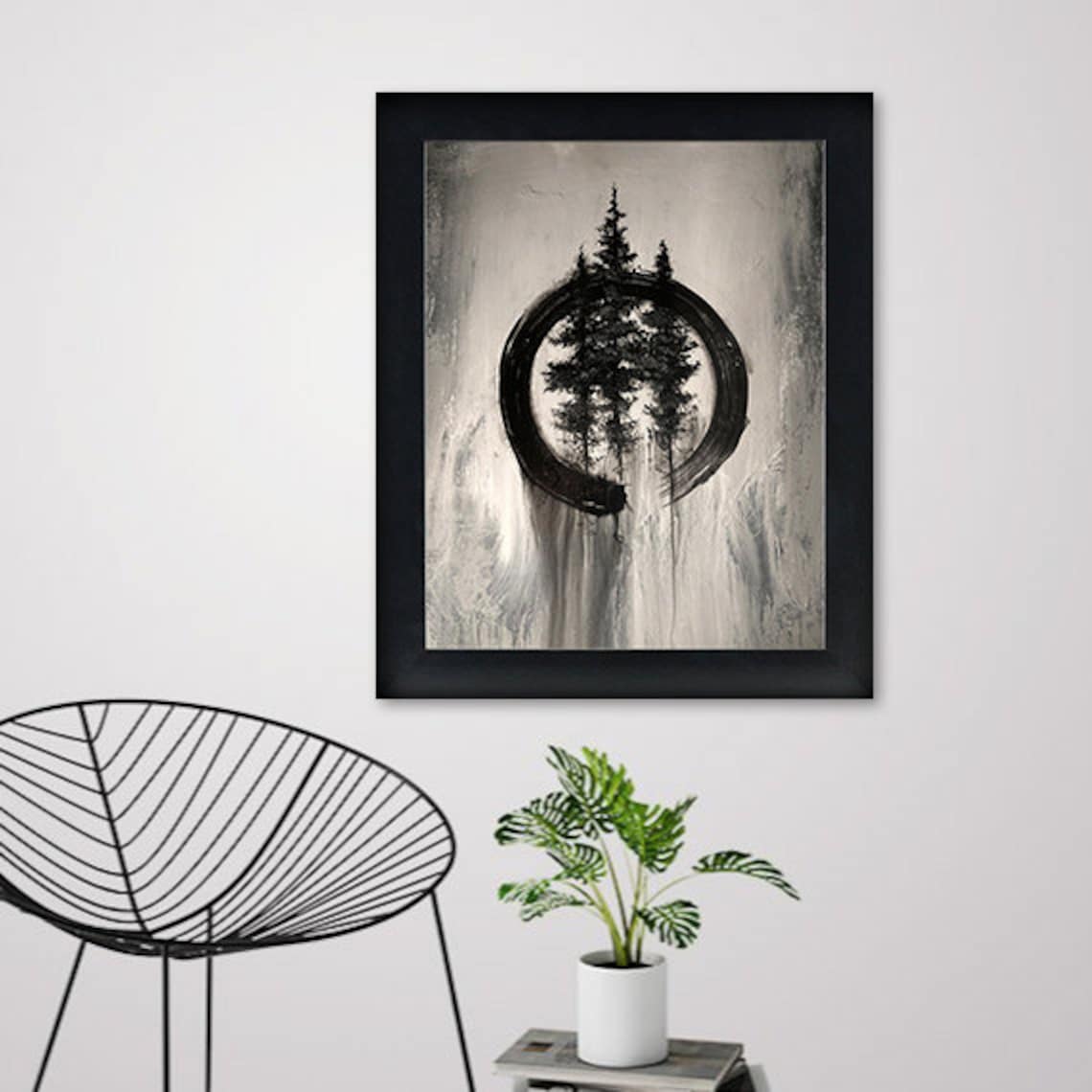 Zen Circle and Pine Trees Art Print - Enso Circle - Zen Brush Painting ...