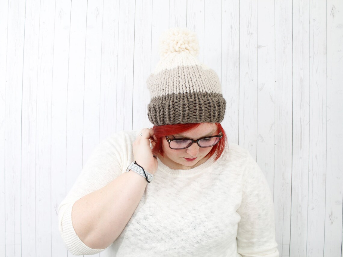 Knitting Pattern, Lindsey Hat, Color Block Knit Hat Pattern, Pom Pom ...