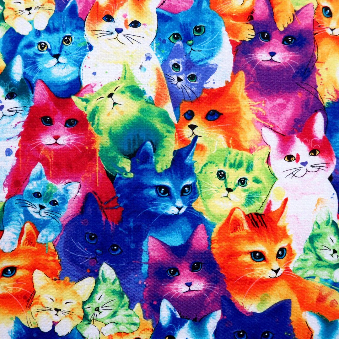 MEOW-ZA! C7485 Painted Bright Cats Multi by Timeless Treasures - Etsy