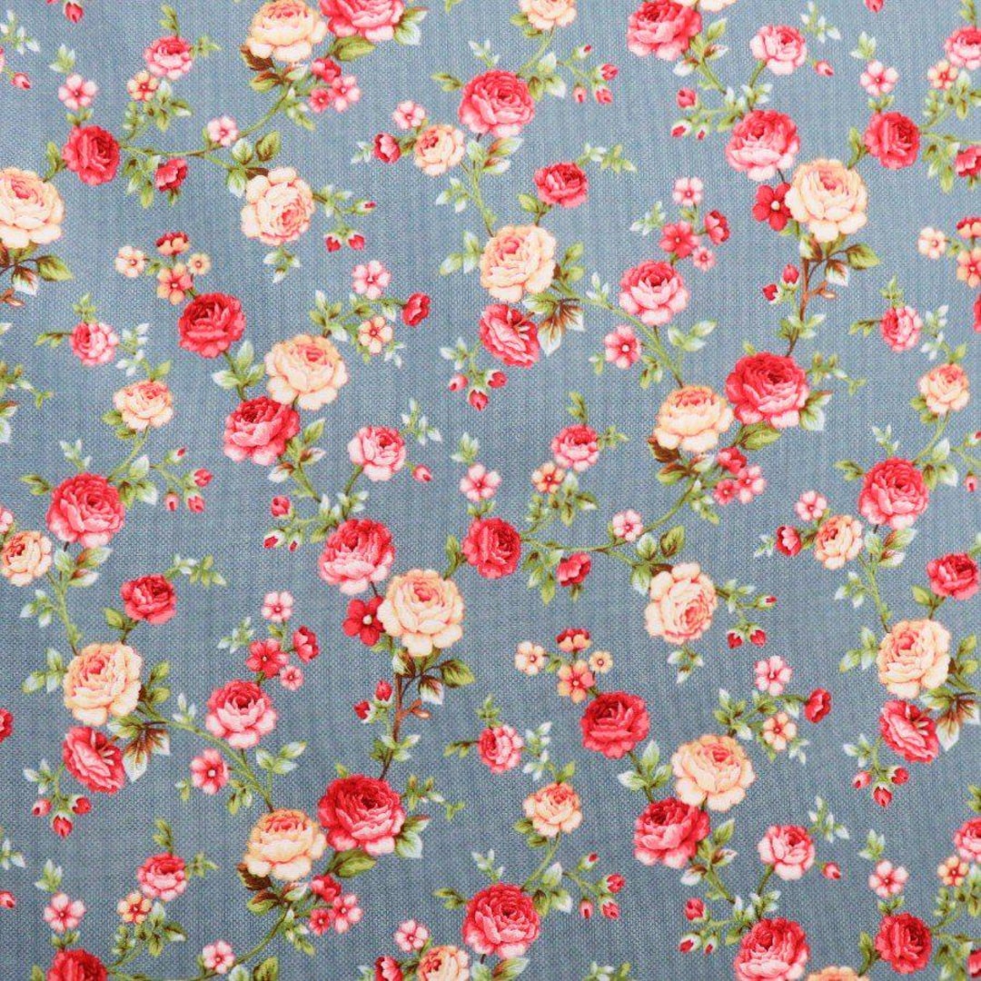 Mrs. Miniver DSN-25912 Tossed Roses on Vines Blue Floral by Red ...