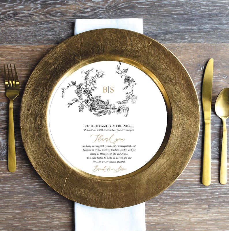 Monogrammed Thank You Plate Insert, Black Wildflower Wreath (sets of 50 ...