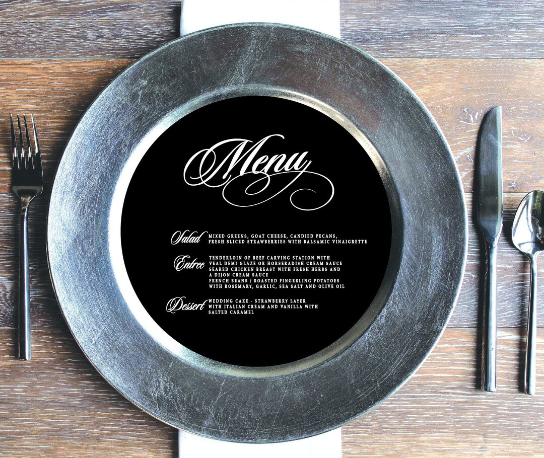 Printed Sample or Sets of Custom Printed Black Script Menus That Fit on ...