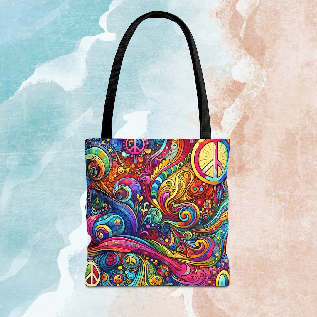Retro PEACE Tote Bag Colorful Swirls Groovy Peace Sign Flower Child ...