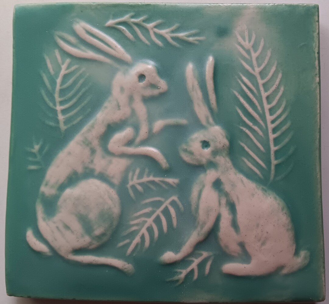 Two Bunnies With Ferns - Relief Art Tile - Etsy