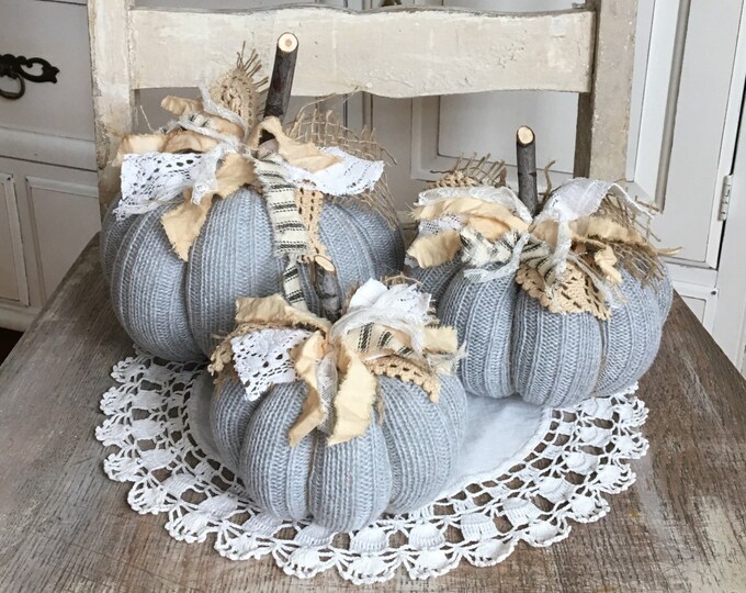 Sweater Pumpkins Set of 3/LT Grey /fabric Pumpkins Fall Decor Rustic ...