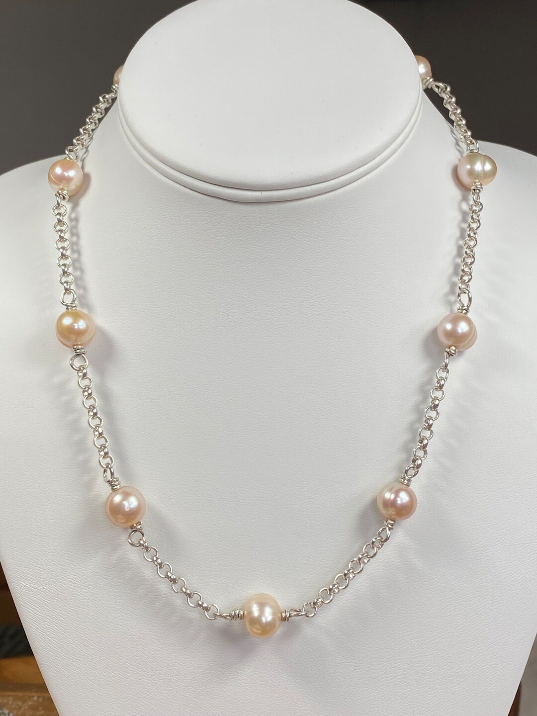 Peach Pearls Spaced With Sterling Silver Rolo Chain Necklace - Etsy