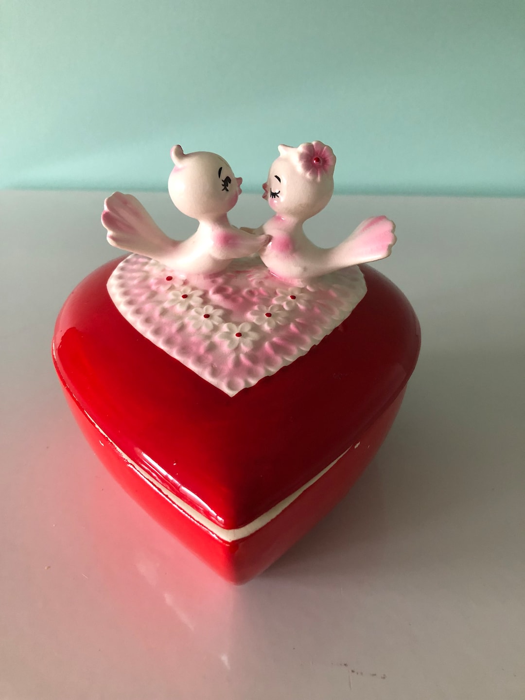 Vintage Lefton Love Birds Valentine's Day Red Ceramic Trinket Heart Box ...